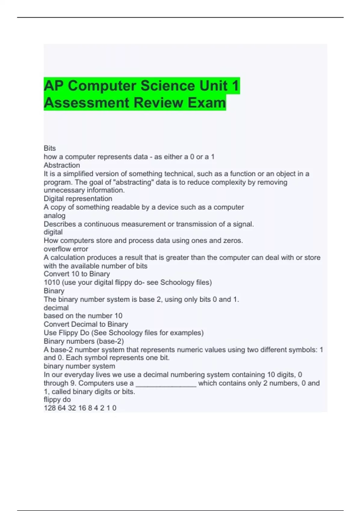 AP Computer Science Unit 1 Assessment Review Exam Questions and Answers - AP Computer Science ...