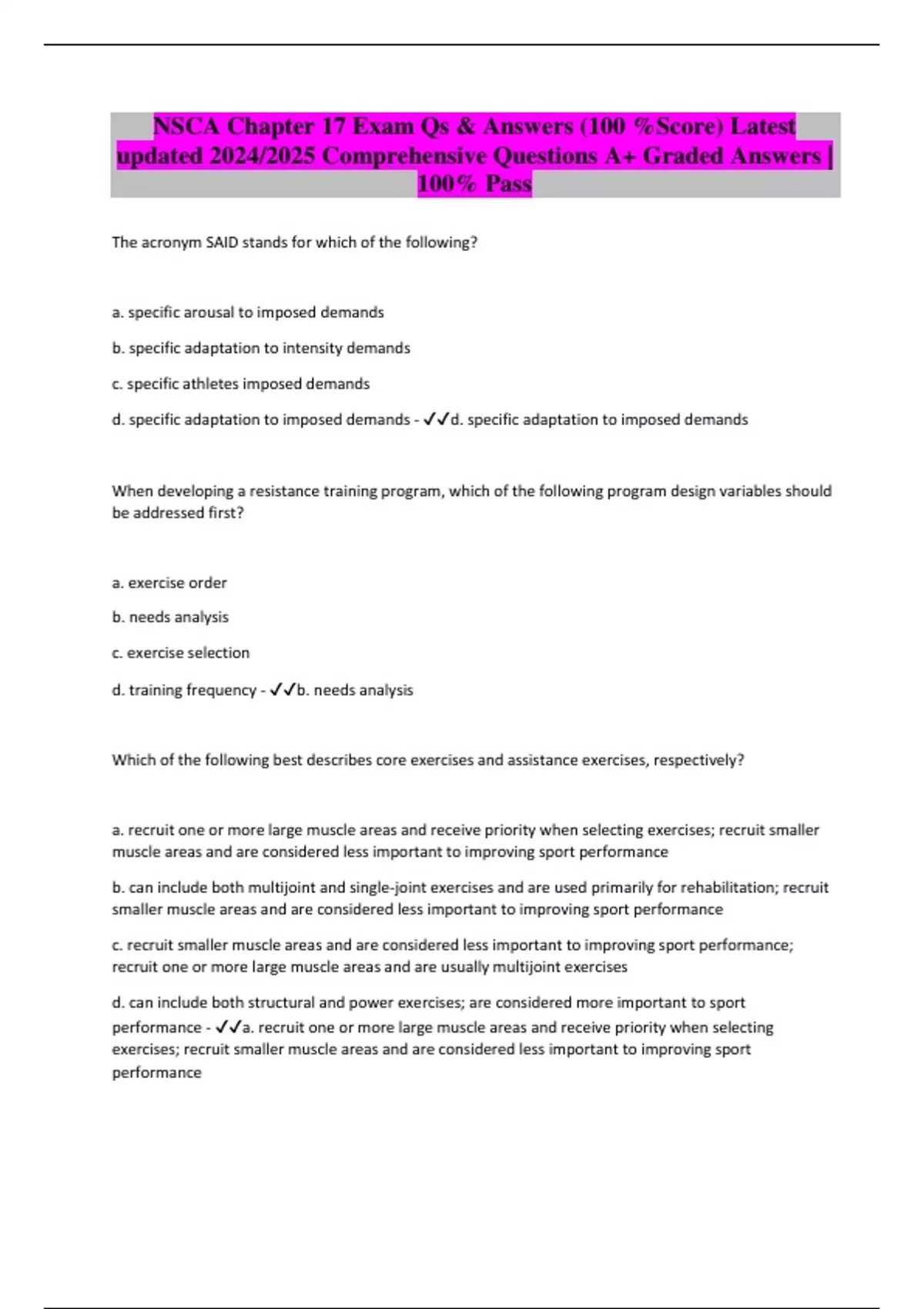 Nsca Chapter 17 Exam Qs And Answers 100 Score Latest Updated 2024 2025 Comprehensive Questions