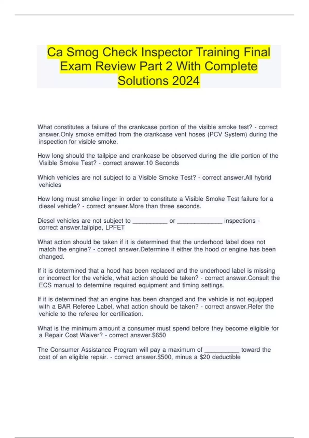 Ca Smog Check Inspector Training Final Exam Review Part 2 With Complete ...