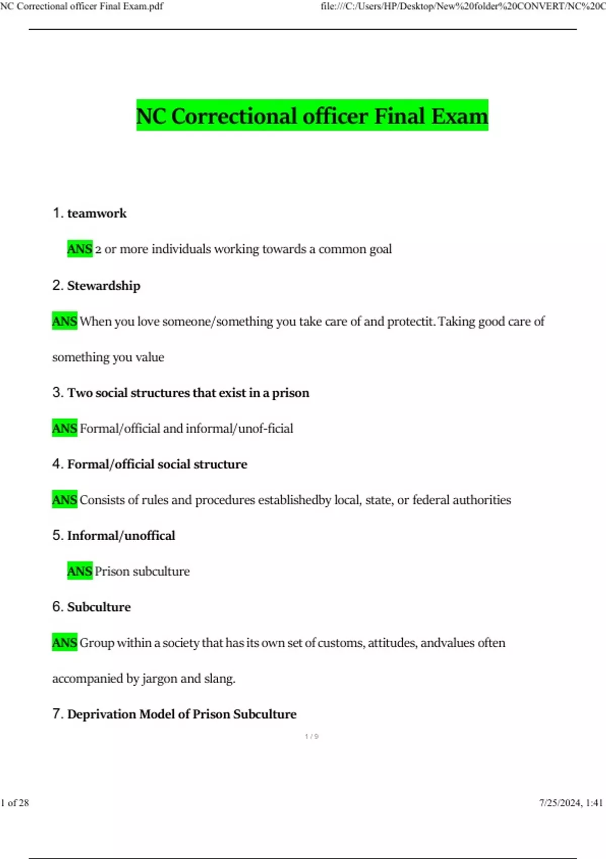 NC Correctional officer Final Exam Questions and Verified Answers (2024 ...