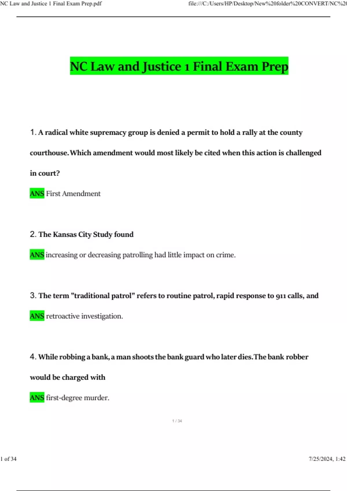 NC Law and Justice 1 Final Exam Prep Questions and Verified Answers ...