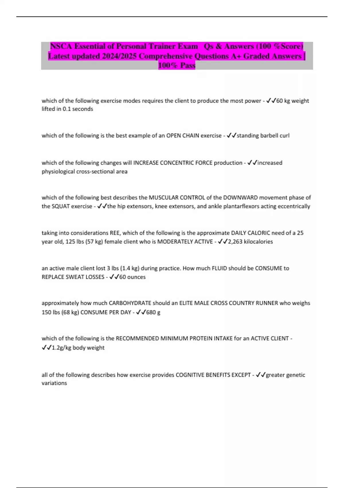 Nsca Essential Of Personal Trainer Exam Qs And Answers 100 Score Latest Updated 2024 2025