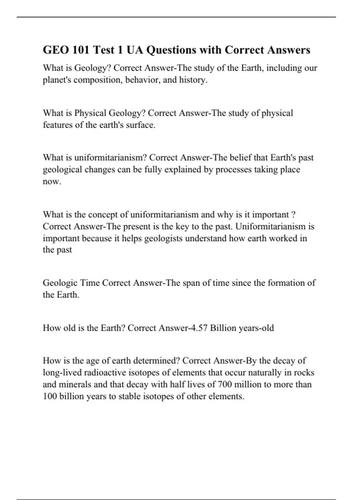 GEO 101 Test 1 UA Questions with Correct Answers. - Geology 101 - Stuvia US