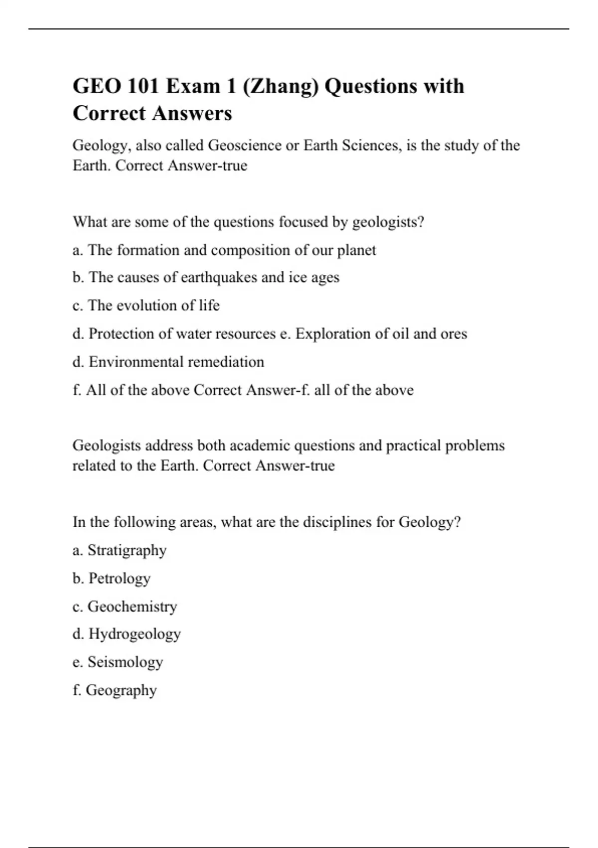 GEO 101 Exam 1 (Zhang) Questions with Correct Answers - Geology 101 ...