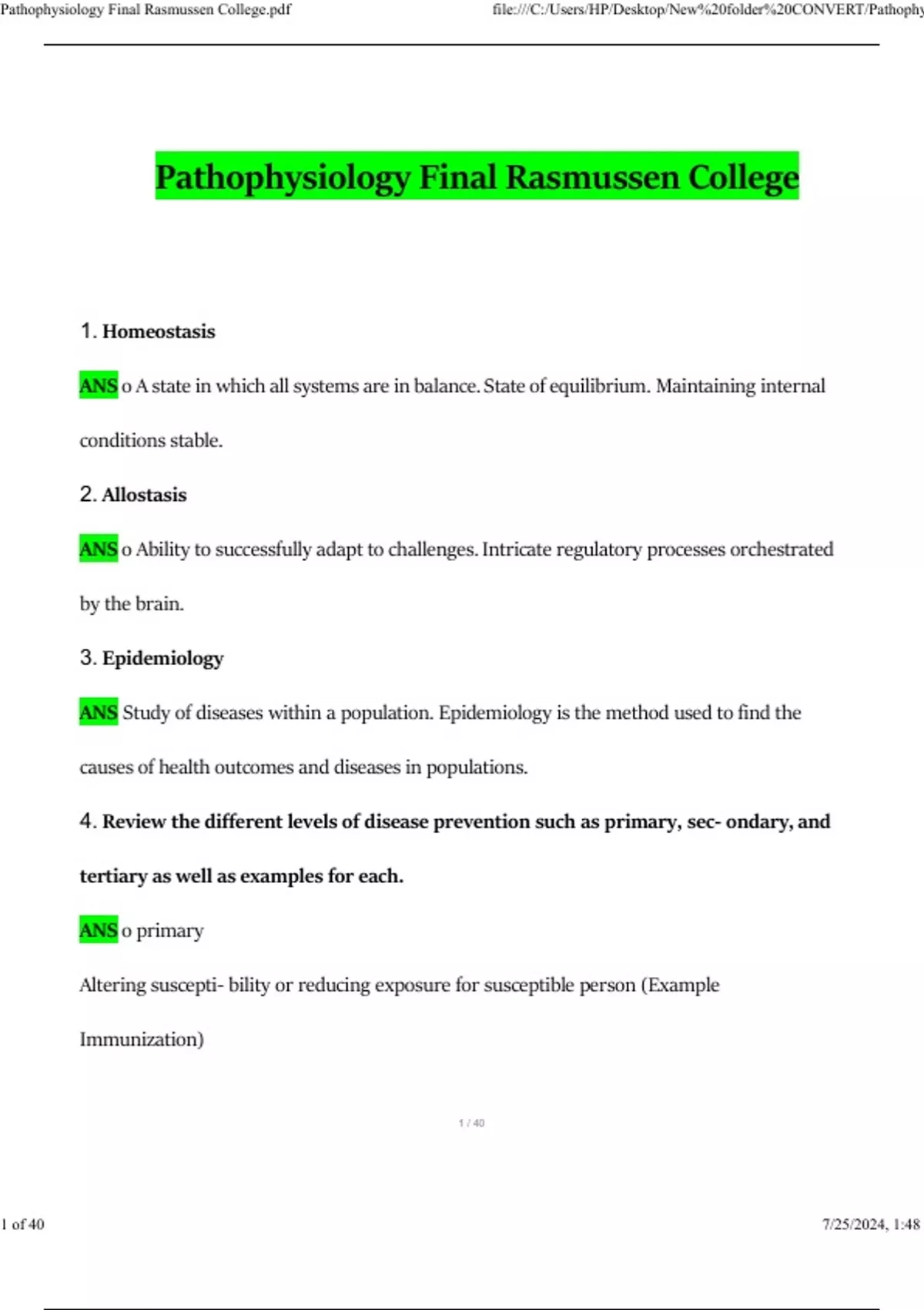 Pathophysiology Final Exam Rasmussen College Questions and Verified ...