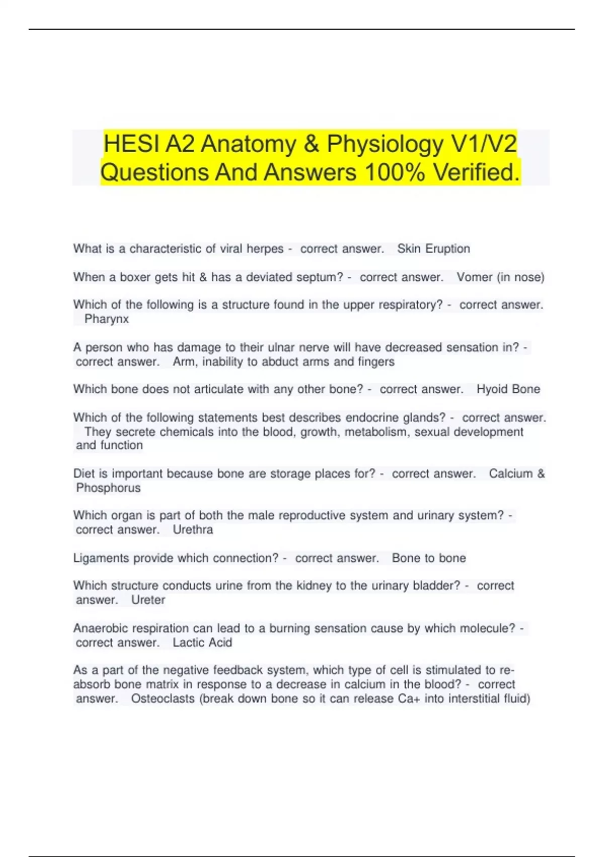 HESI A2 Anatomy & Physiology V1/V2 Questions And Answers 100% Verified ...