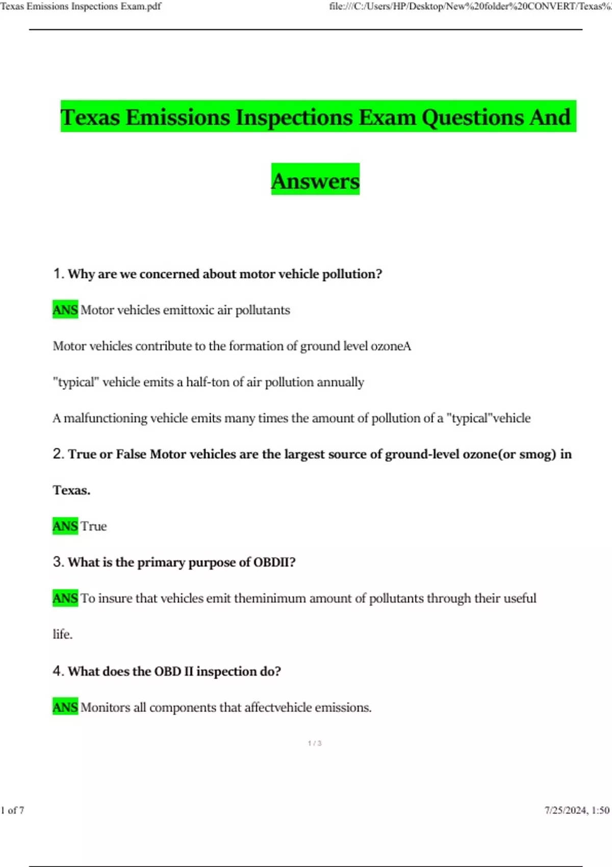 Texas Emissions Inspections Exam 2024 Questions and Verified Answers ...