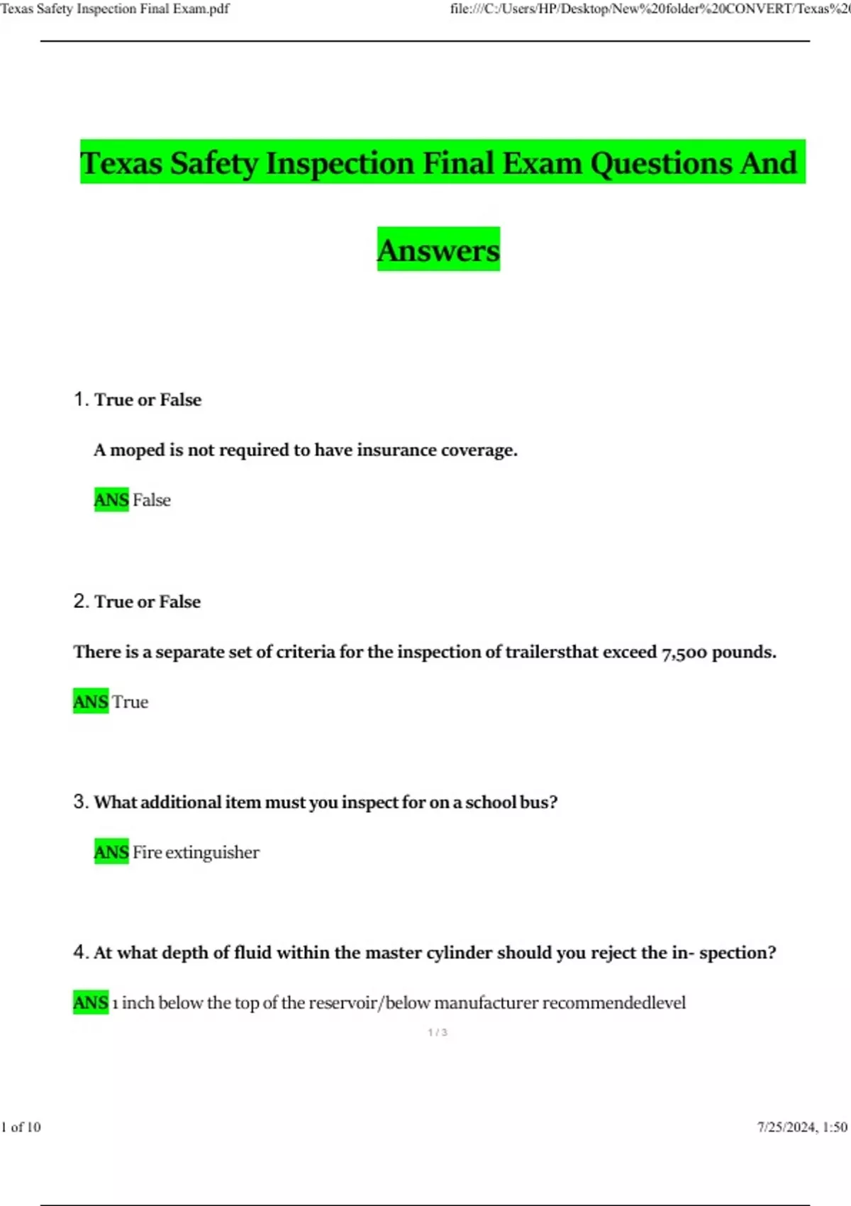 Texas Safety Inspection Final Exam 2024 Questions and Verified Answers ...