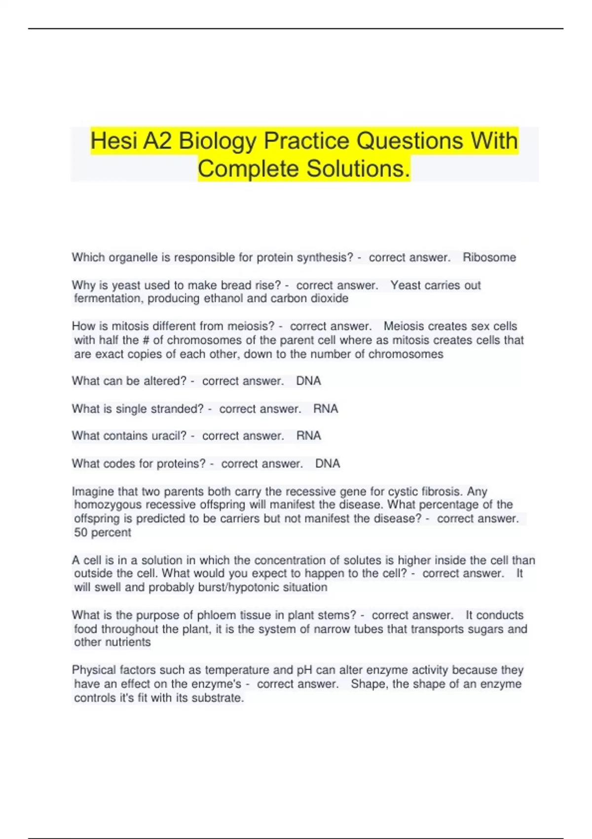 Hesi A2 Biology Practice Questions With Complete Solutions. - Hesi A2 ...