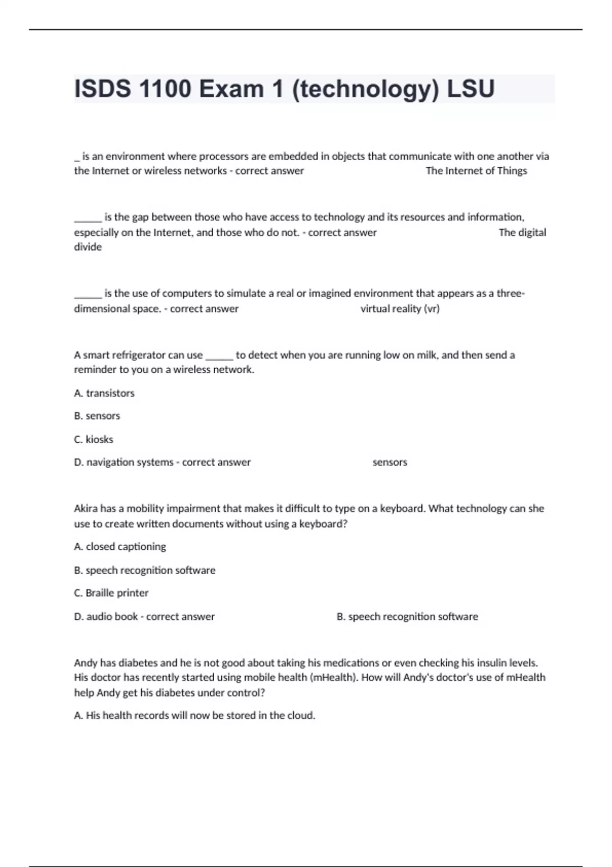 ISDS 1100 Exam 1 (technology) LSU Study Questions And Answers Graded A+ ...