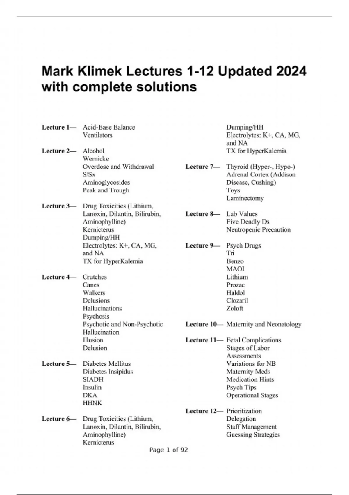 Mark Klimek Lectures 1-12 Updated 2024 with complete solutions - Mar Klim - Stuvia US