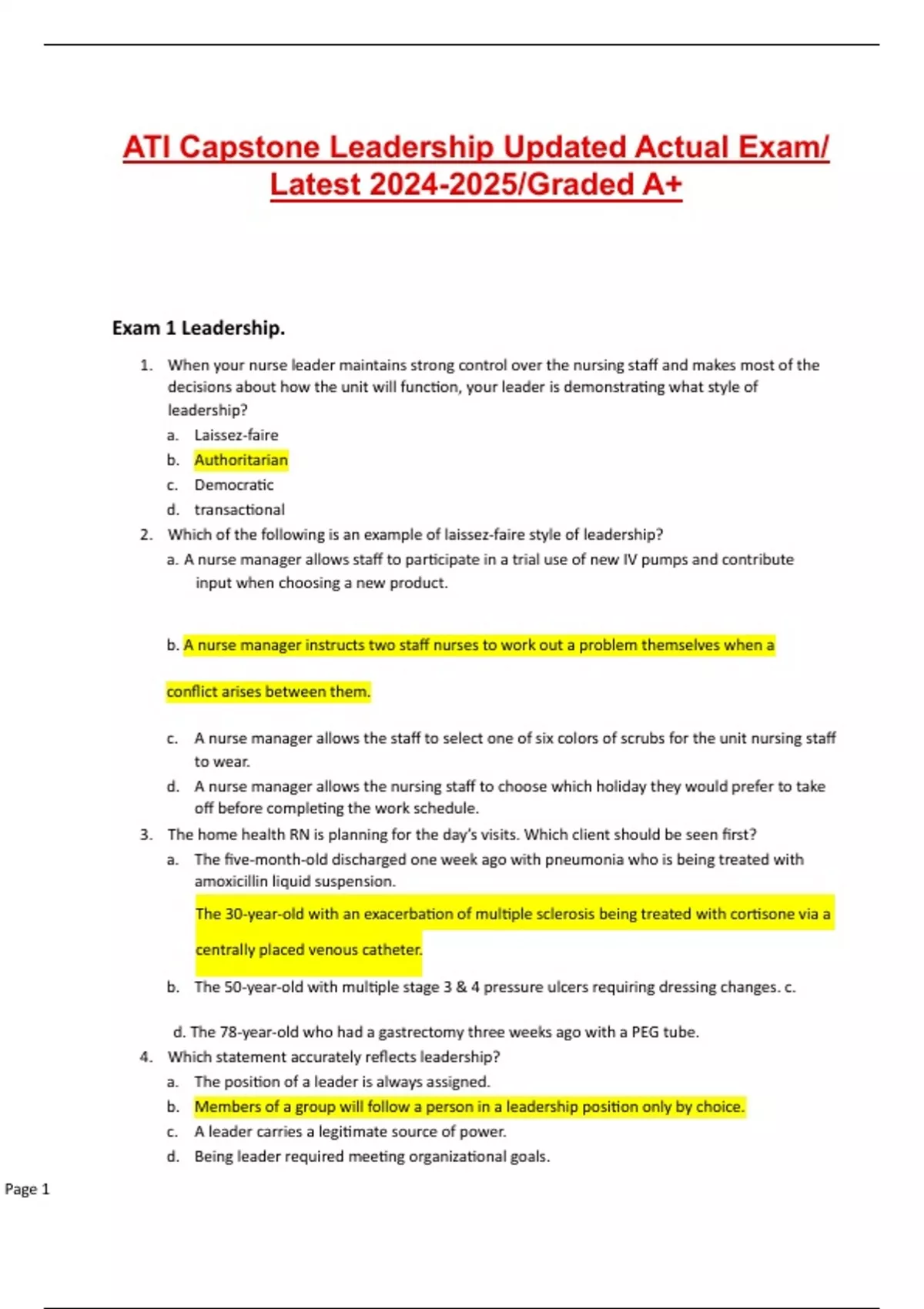 ATI Capstone Leadership Updated Actual Exam/ Latest /Graded A+ - ATI ...