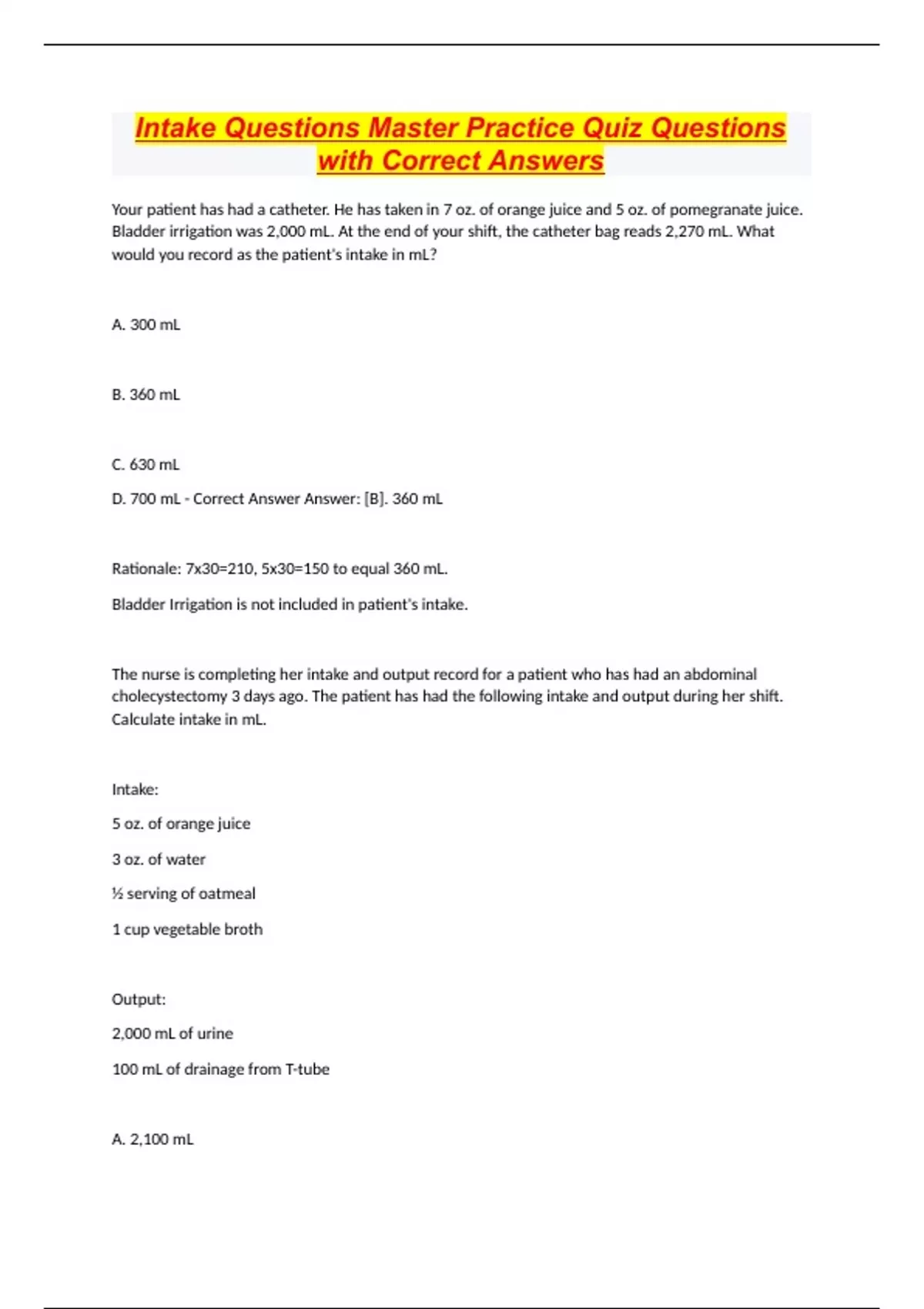 Intake Questions Master Practice Quiz Questions with Correct Answers - Nurs 3500 - Stuvia US