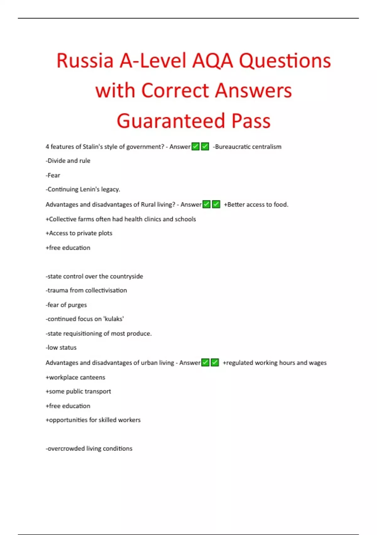 Russia - AQA A2 Level History Complete Questions with Correct Answers ...