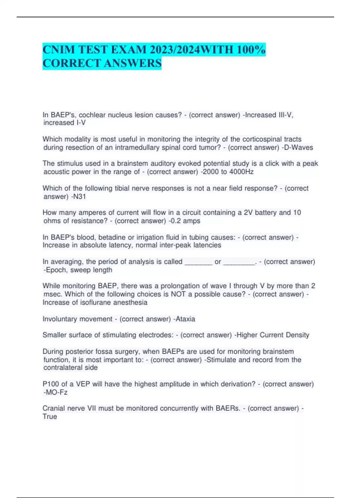 CNIM TEST EXAM 2023/2024 WITH 100% CORRECT ANSWERS - CNIM - Stuvia US