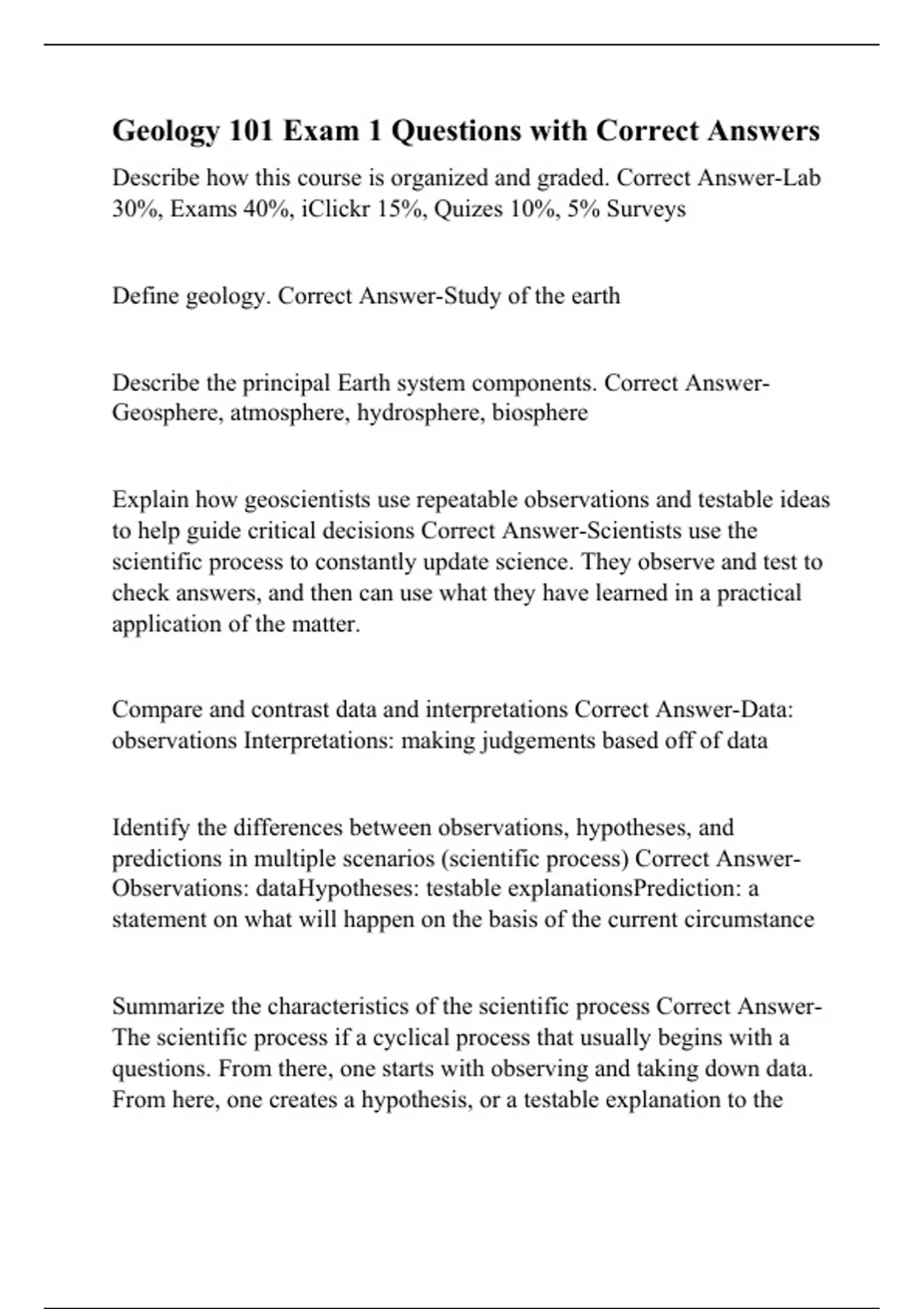 Geology 101 Exam 1 Questions with Correct Answers - Geology 101 - Stuvia US
