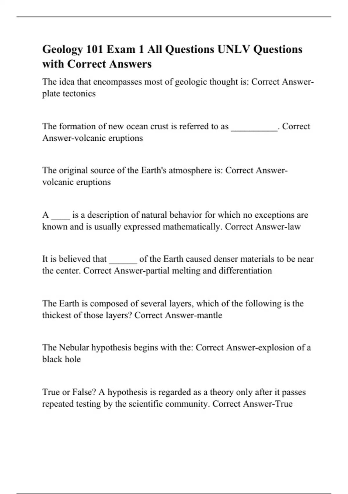 Geology 101 Exam 1 All Questions UNLV Questions with Correct Answers ...