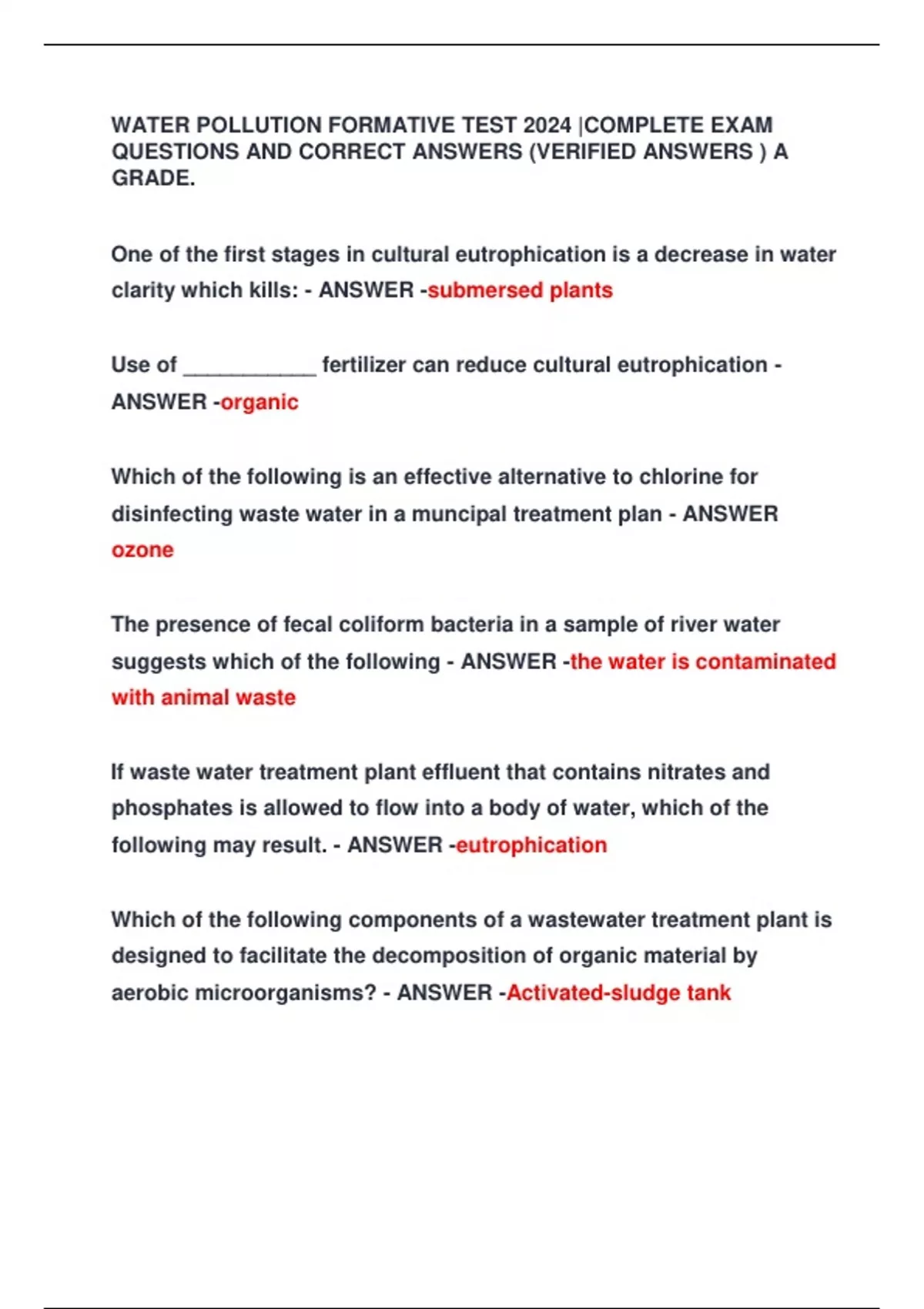 WATER POLLUTION FORMATIVE TEST 2024 |COMPLETE EXAM QUESTIONS AND ...
