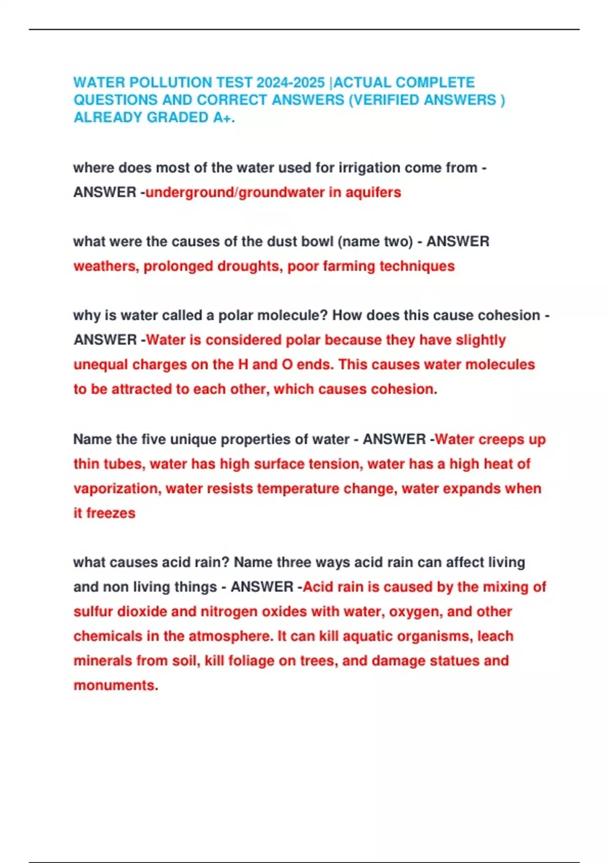 WATER POLLUTION TEST |ACTUAL COMPLETE QUESTIONS AND CORRECT ANSWERS ...