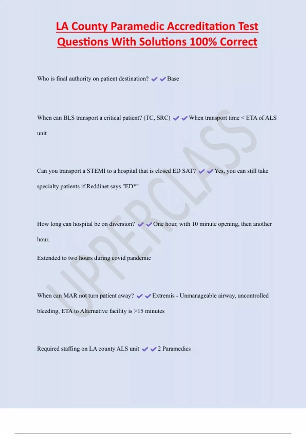 LA County Paramedic Accreditation Test Questions With Solutions 100% ...