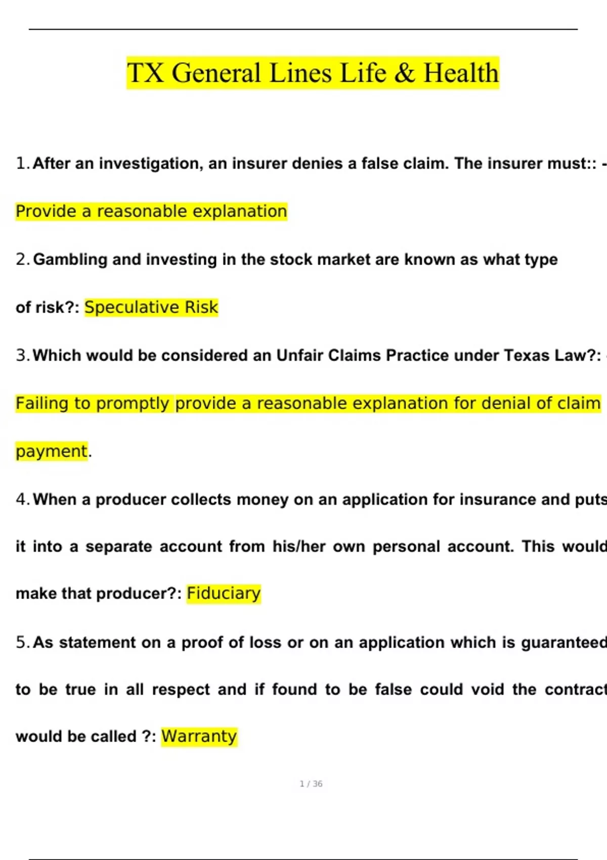 TX General Lines Life & Health Questions and Answers (2024 / 2025 ...