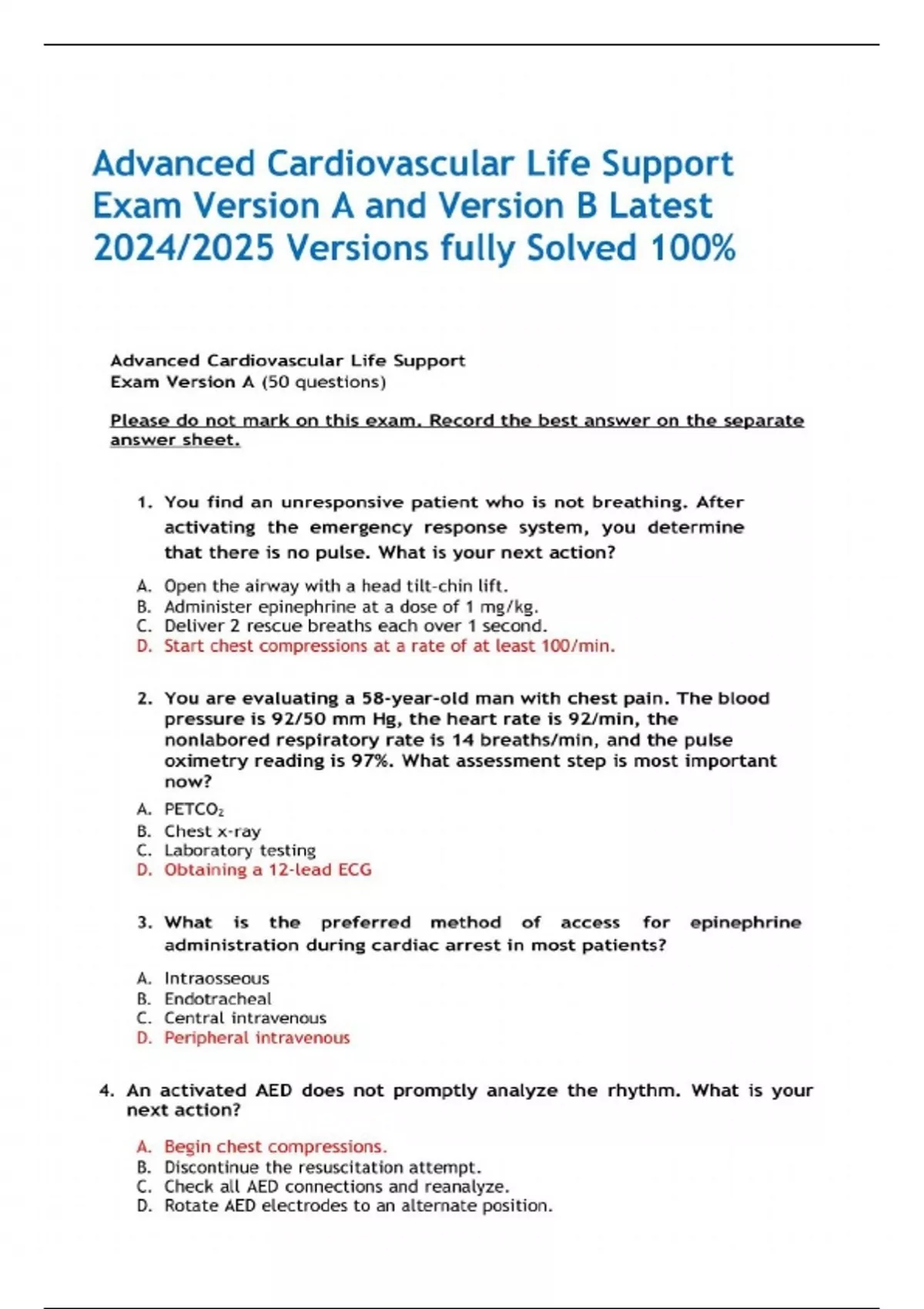 Advanced Cardiovascular Life Support Exam Version A and Version B ...