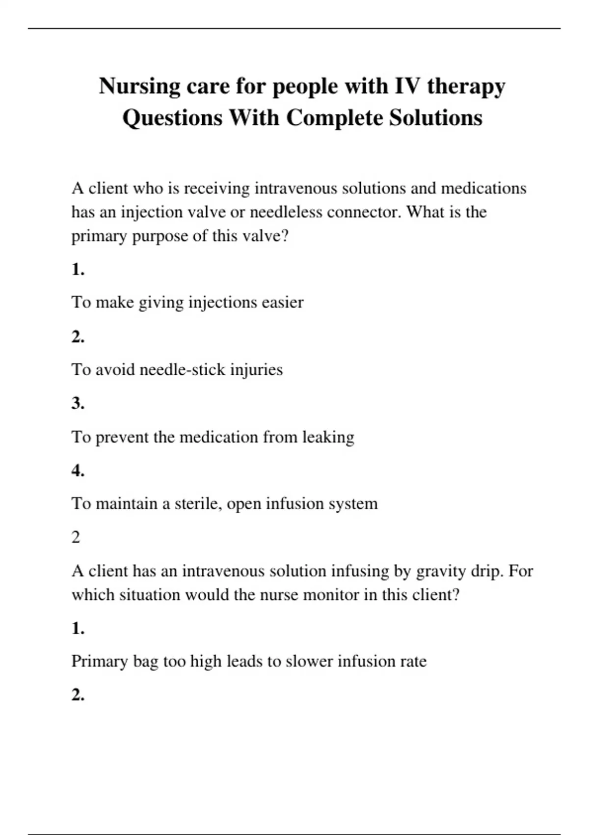 Nursing care for people with IV therapy Questions With Complete ...