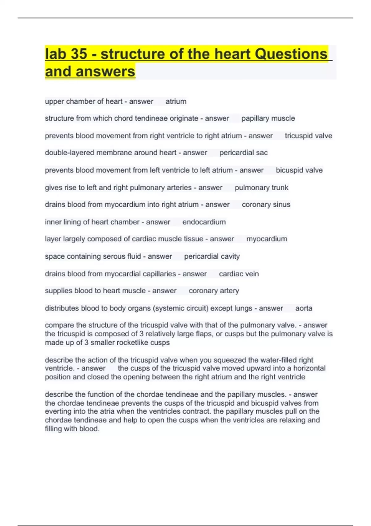 lab 35 - structure of the heart Questions and answers - Bcia - Stuvia US