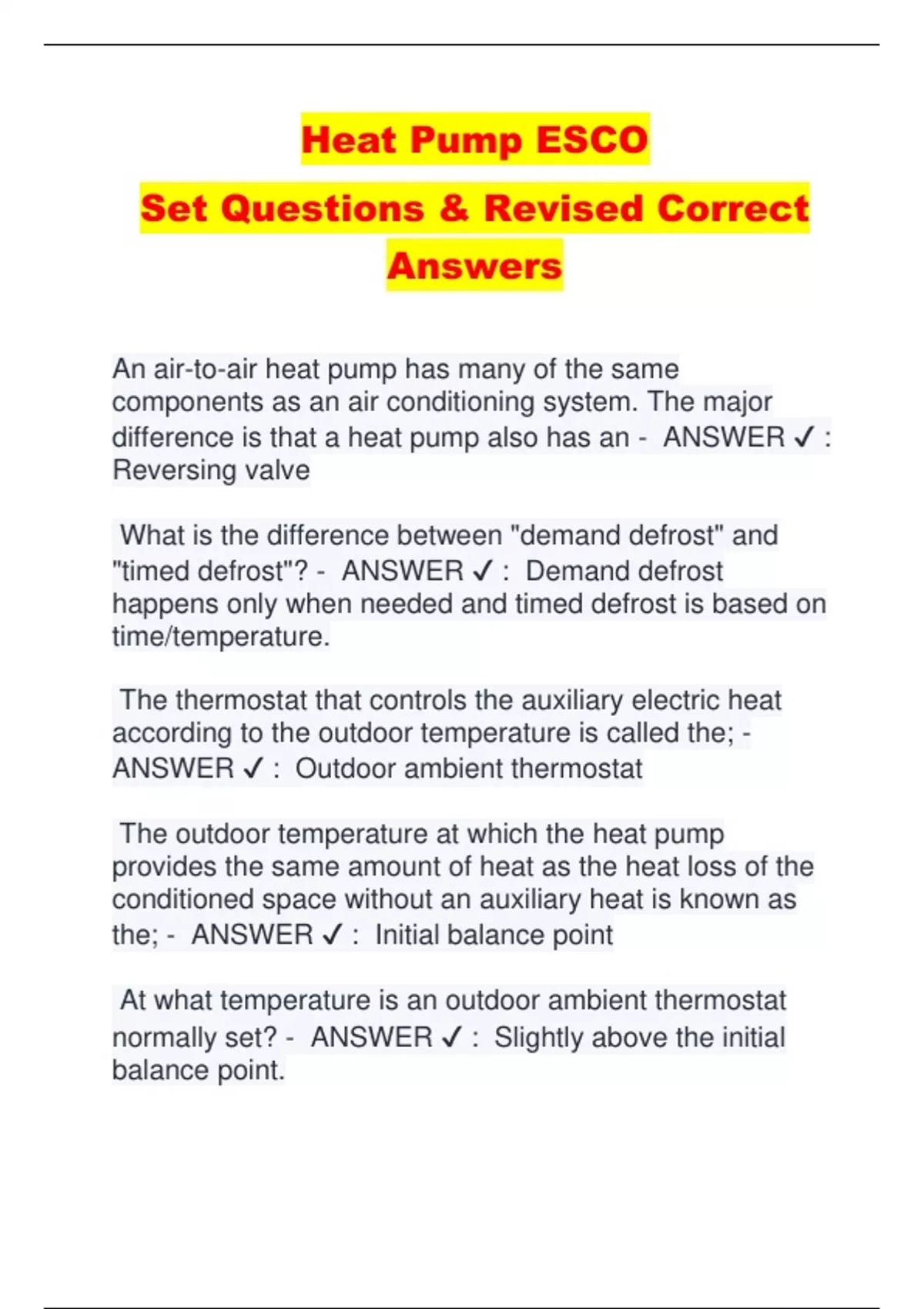 Heat Pump ESCO Set Questions & Revised Correct Answers - Esco - Stuvia US