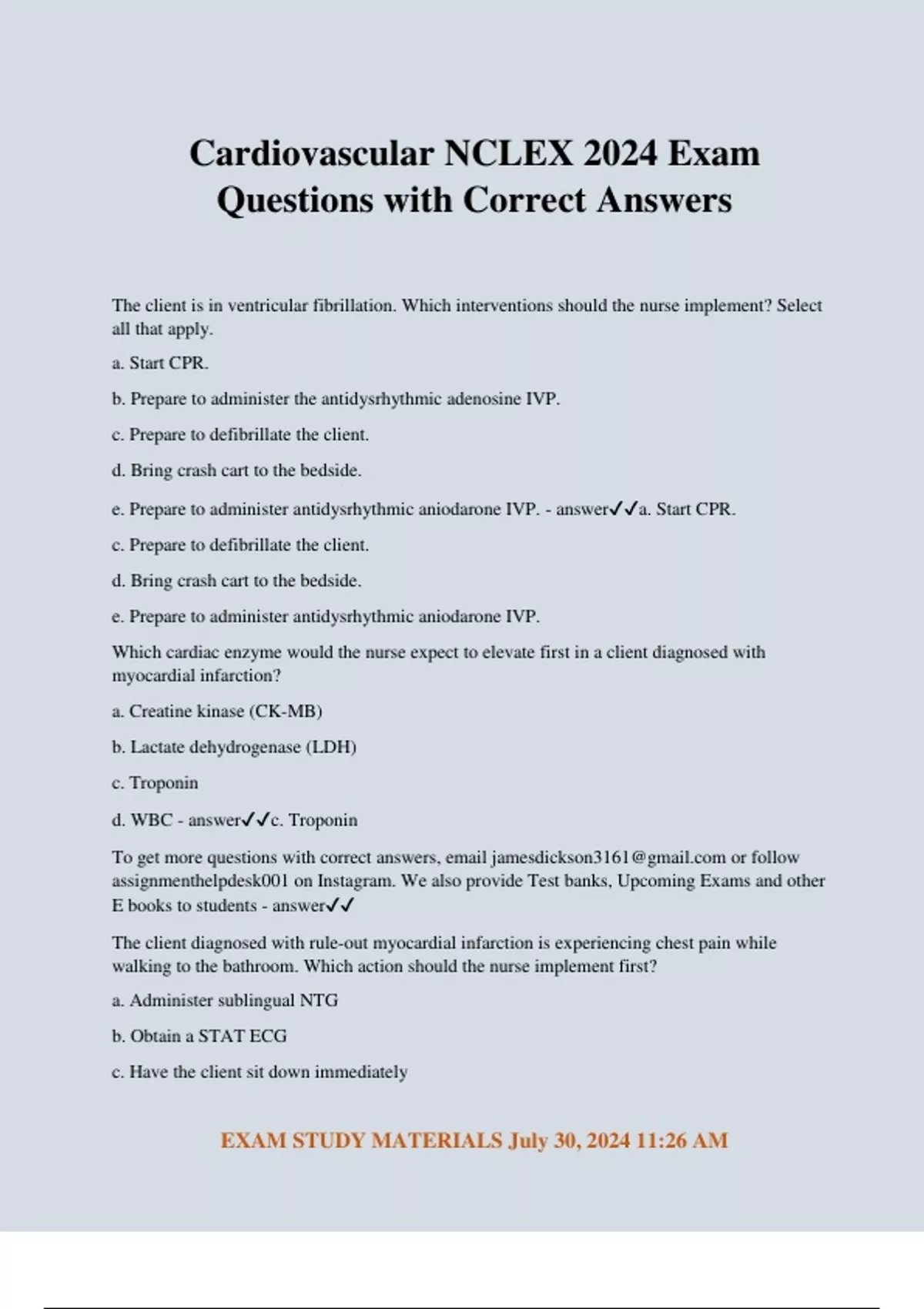 Cardiovascular NCLEX 2024 Exam Questions with Correct Answers ...