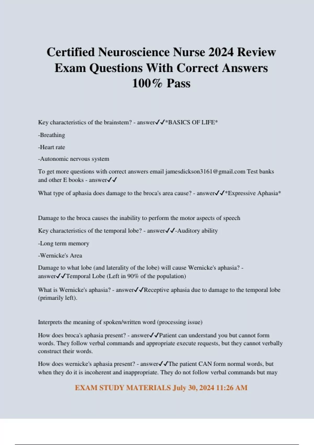 Certified Neuroscience Nurse 2024 Review Exam Questions With Correct ...