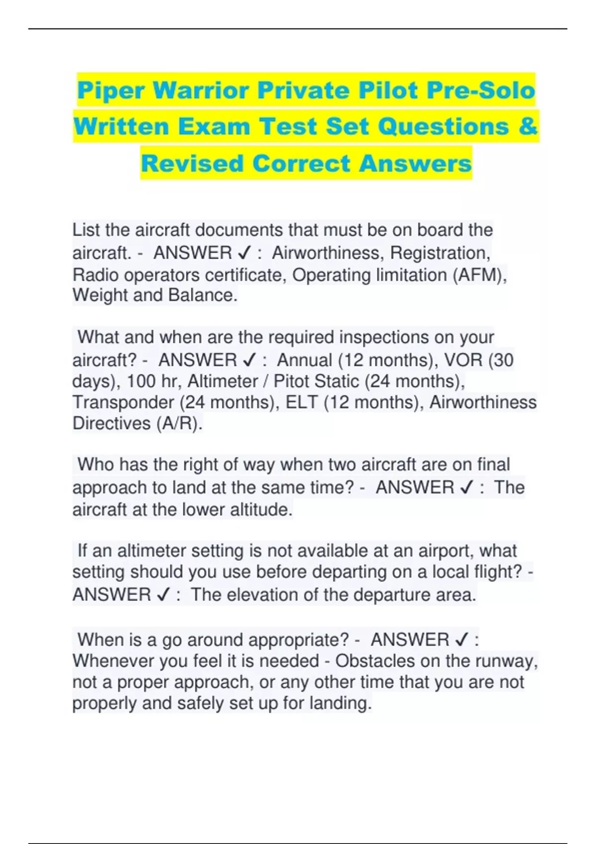 Piper Warrior Private Pilot Pre-Solo Written Exam Test Set Questions ...