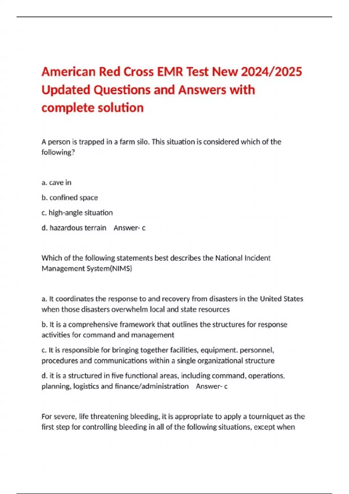 American Red Cross EMR Test New 2024/2025 Updated Questions and Answers ...