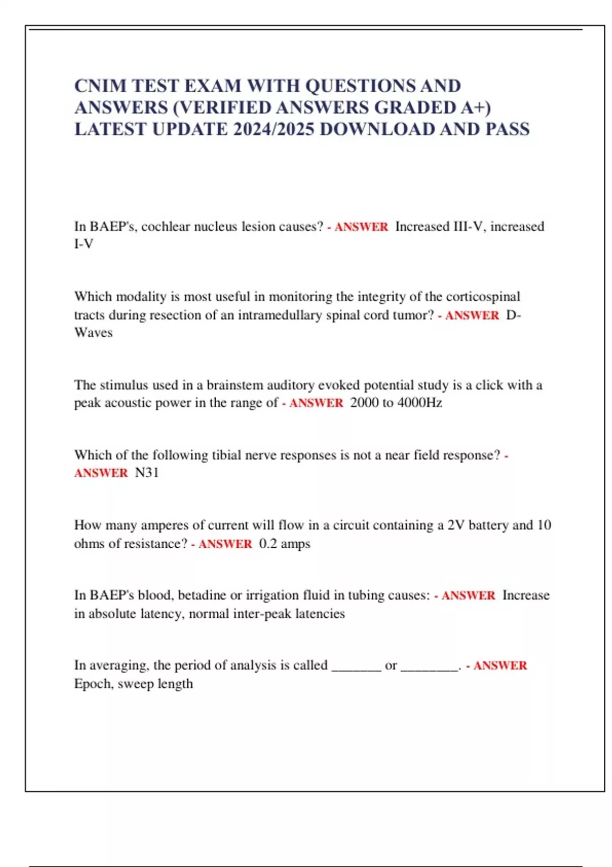 CNIM TEST EXAM WITH QUESTIONS AND ANSWERS (VERIFIED ANSWERS GRADED A+ ...