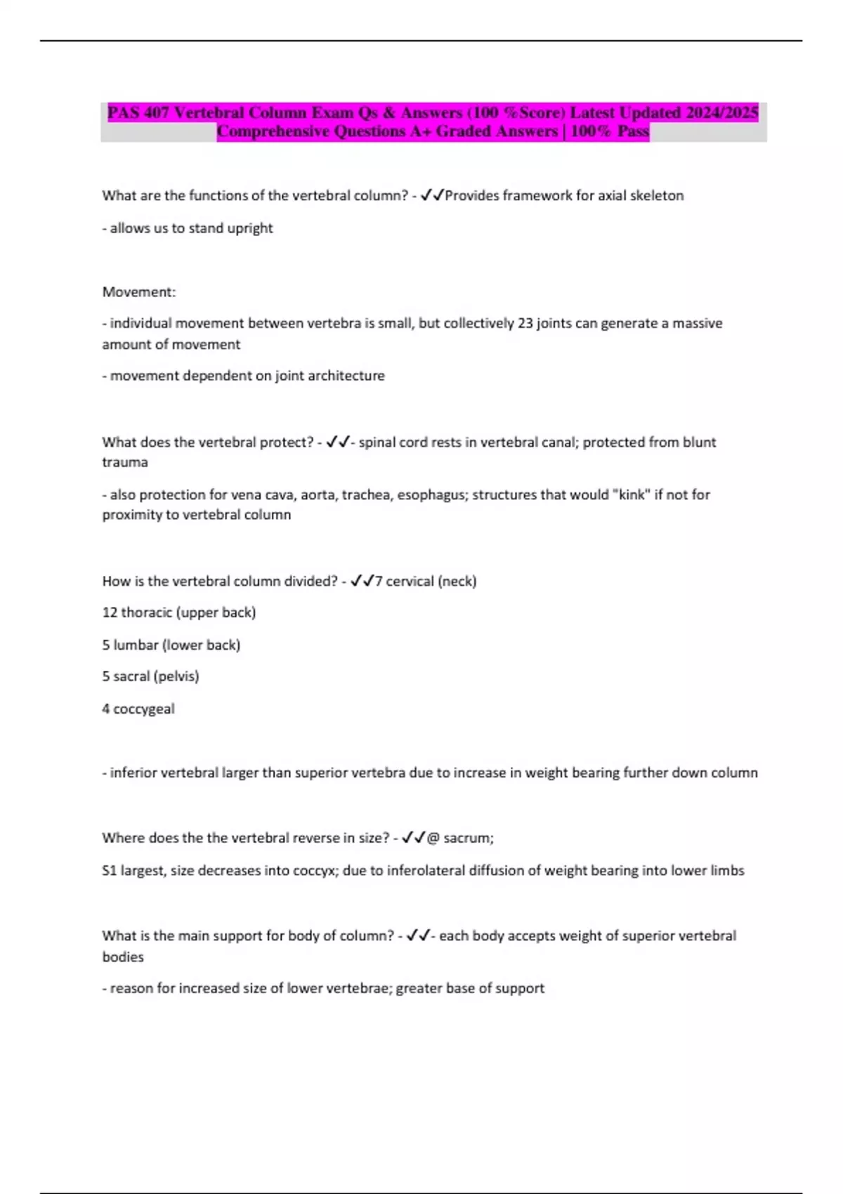 PAS 407 Vertebral Column Exam Qs & Answers (100 %Score) Latest Updated ...