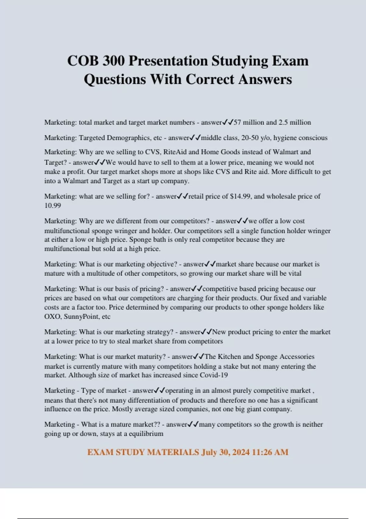 COB 300 Presentation Studying Exam Questions With Correct Answers - COB ...