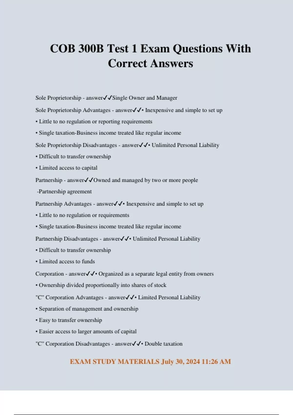COB 300B Test 1 Exam Questions With Correct Answers - COB 300 - Stuvia US