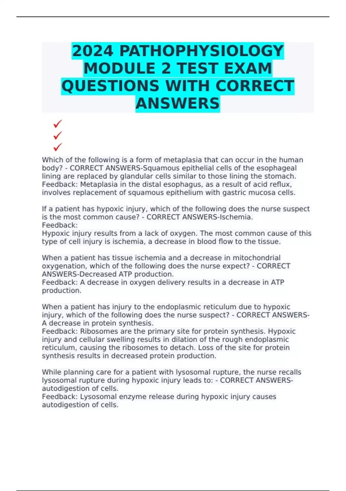 2024 PATHOPHYSIOLOGY MODULE 2 TEST EXAM QUESTIONS WITH CORRECT ANSWERS ...