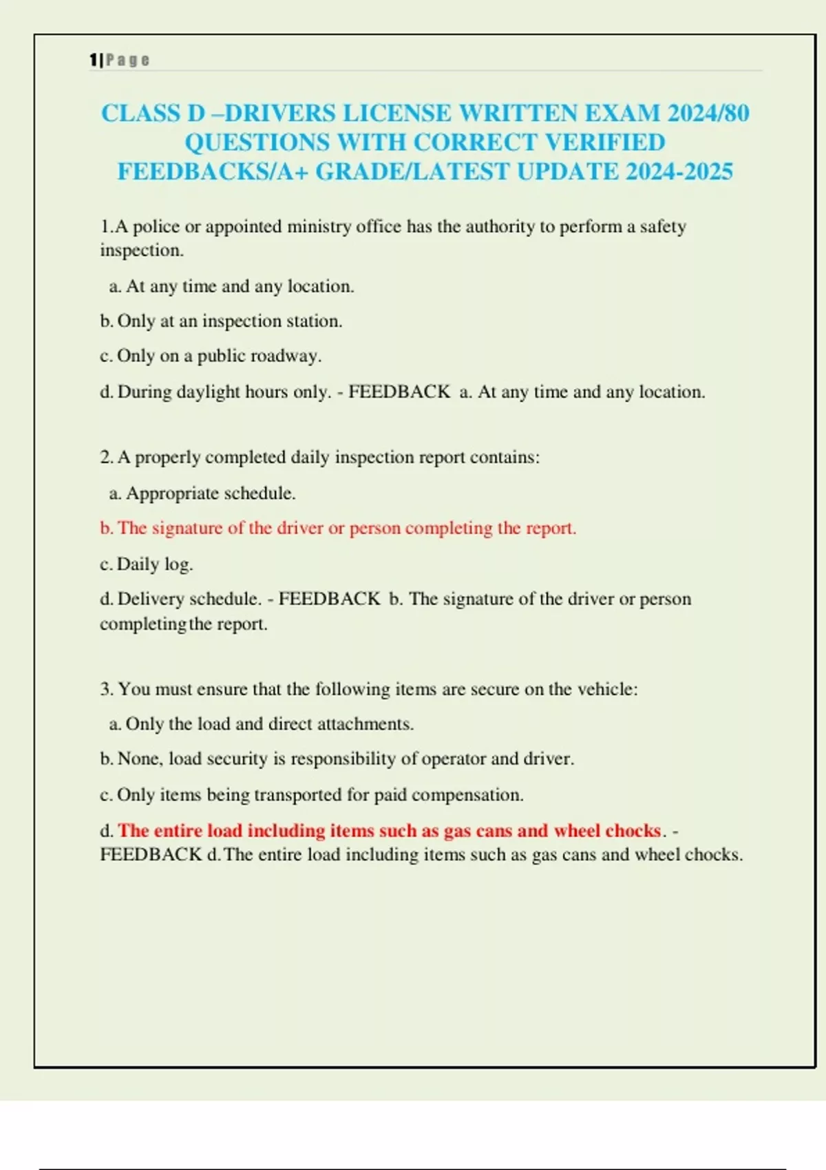 CLASS D –DRIVERS LICENSE WRITTEN EXAM 2024/80 QUESTIONS WITH CORRECT ...