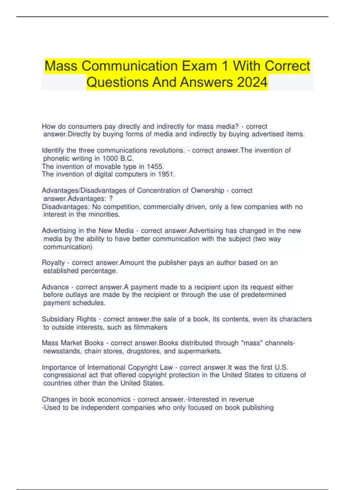 Mass Communication Exam 1 With Correct Questions And Answers 2024 ...