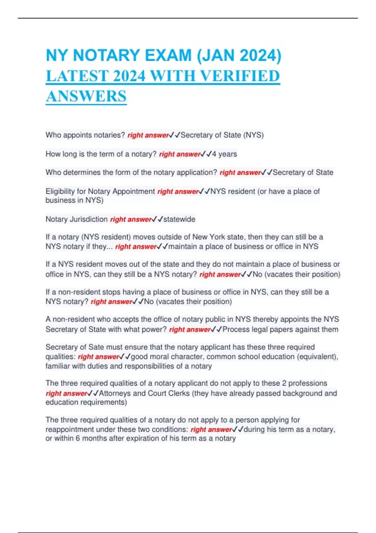 NY NOTARY EXAM (JAN 2024) LATEST 2024 WITH VERIFIED ANSWERS - NYS ...