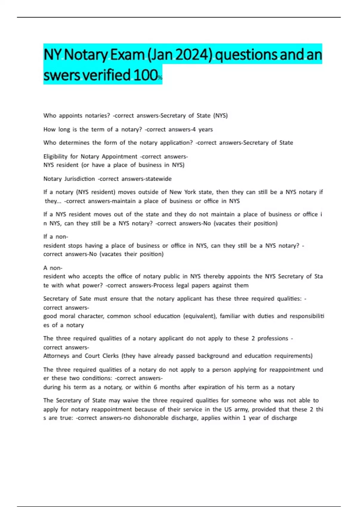 NY Notary Exam (Jan 2024) questions and answers verified 100% - NYS ...