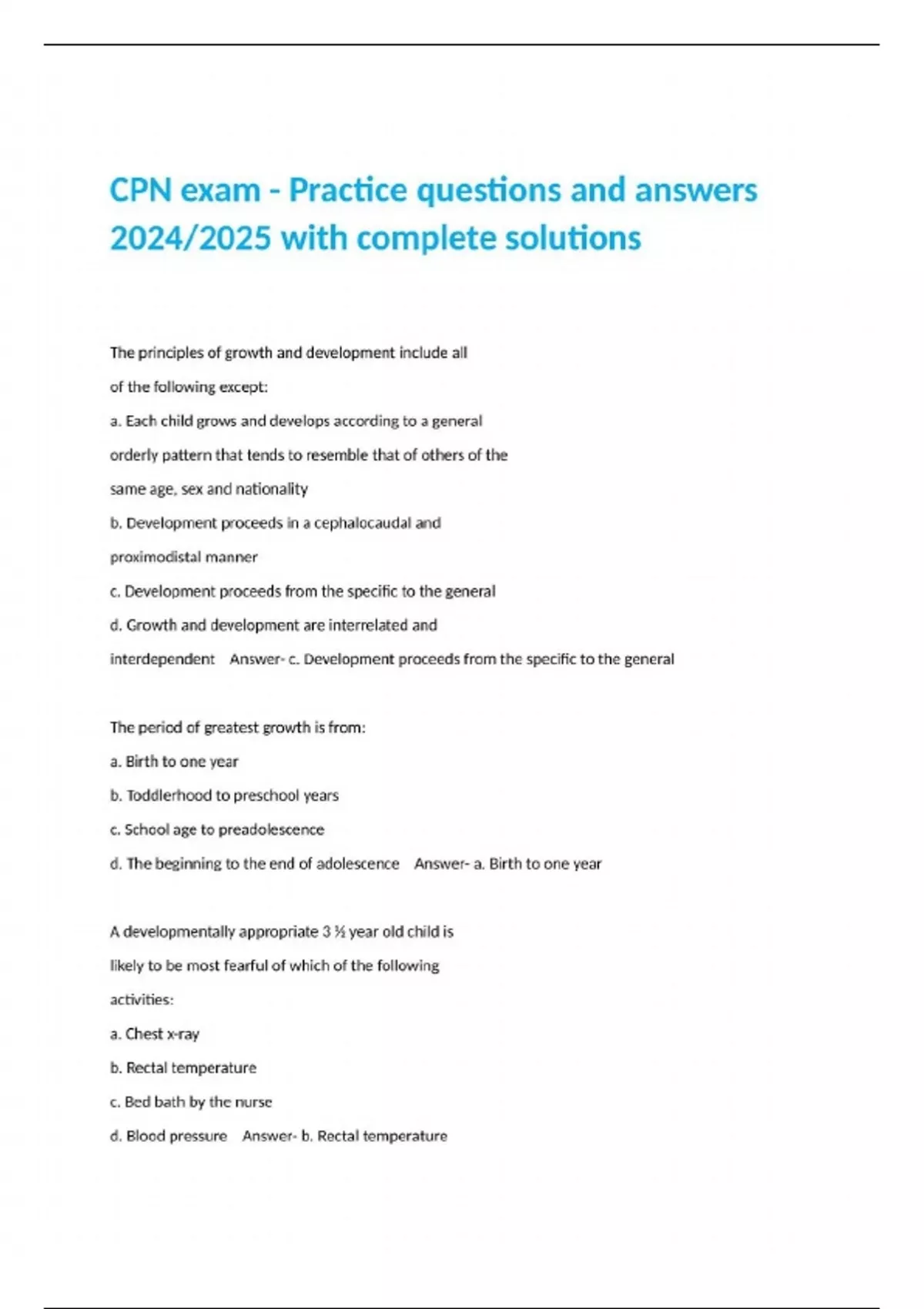 CPN exam - Practice questions and answers 2024/2025 with complete solutions - CPN - Stuvia US