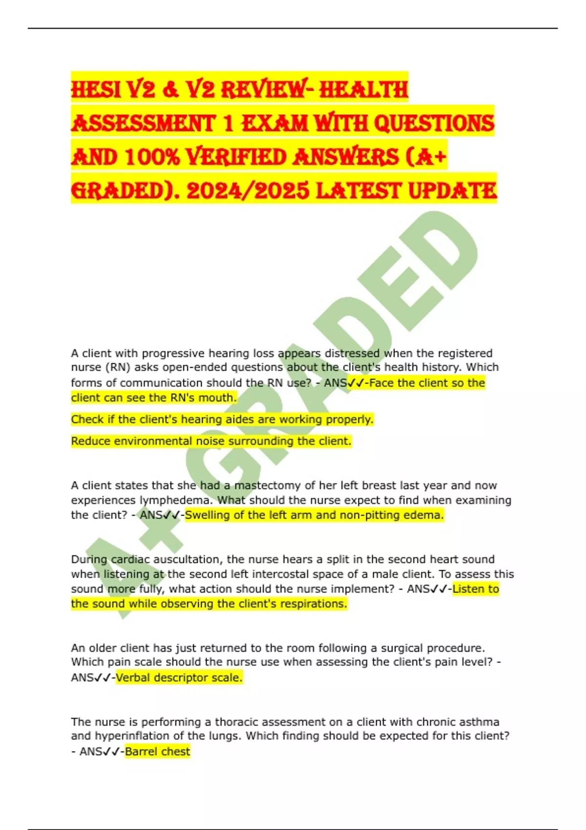 HESI V2 & V2 REVIEW- HEALTH ASSESSMENT 1 EXAM WITH QUESTIONS AND 100% ...