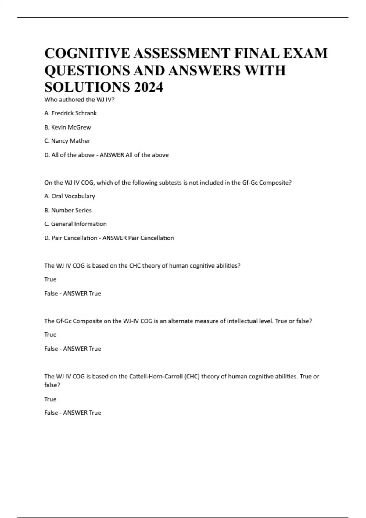 COGNITIVE ASSESSMENT FINAL EXAM QUESTIONS AND ANSWERS WITH SOLUTIONS ...