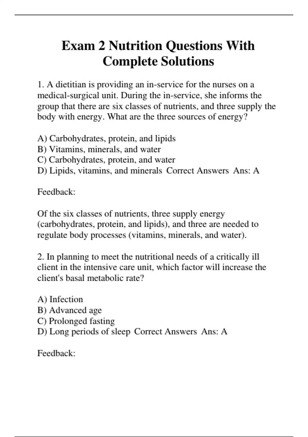 Exam 2 Nutrition Questions With Complete Solutions - Nutrition - Stuvia US