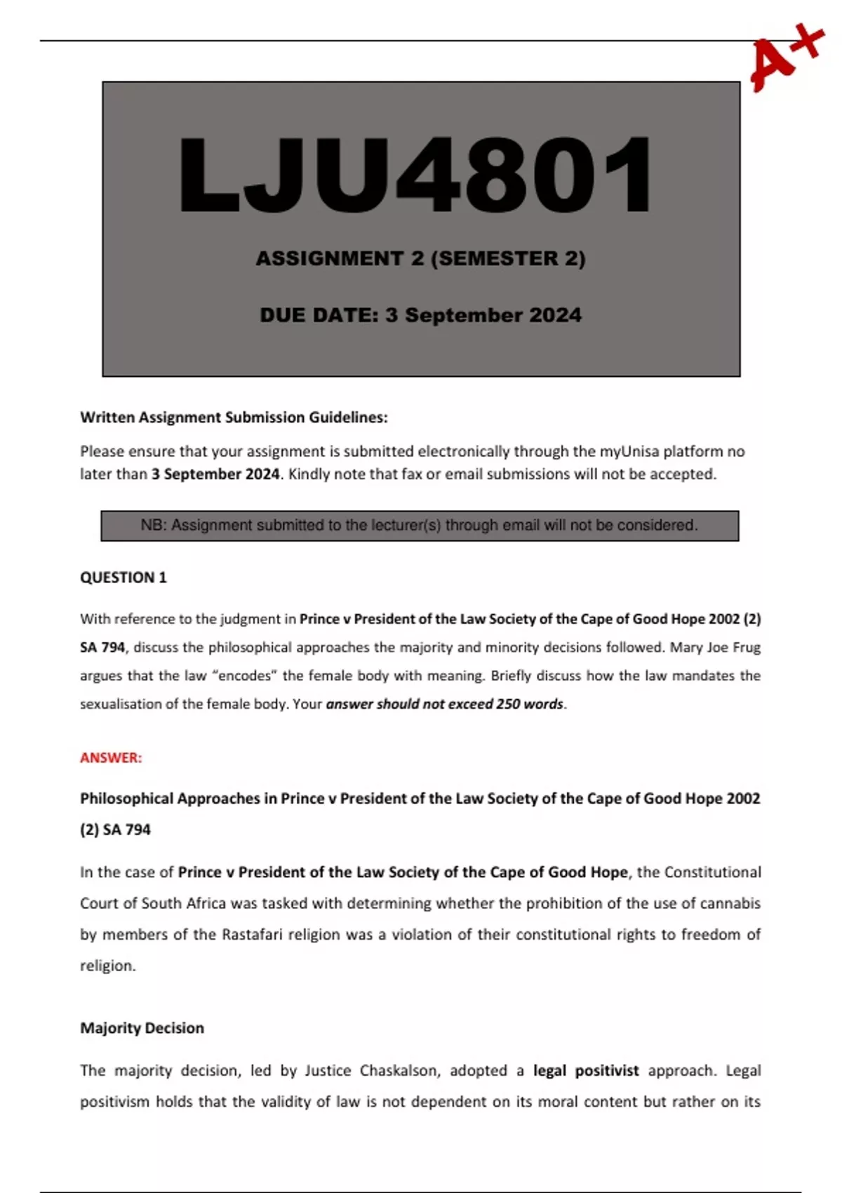 LJU4801 Assignment 2 (Detailed Answers) Semester 2 - Due 3 September 2024 - LJU4801 - Stuvia SA