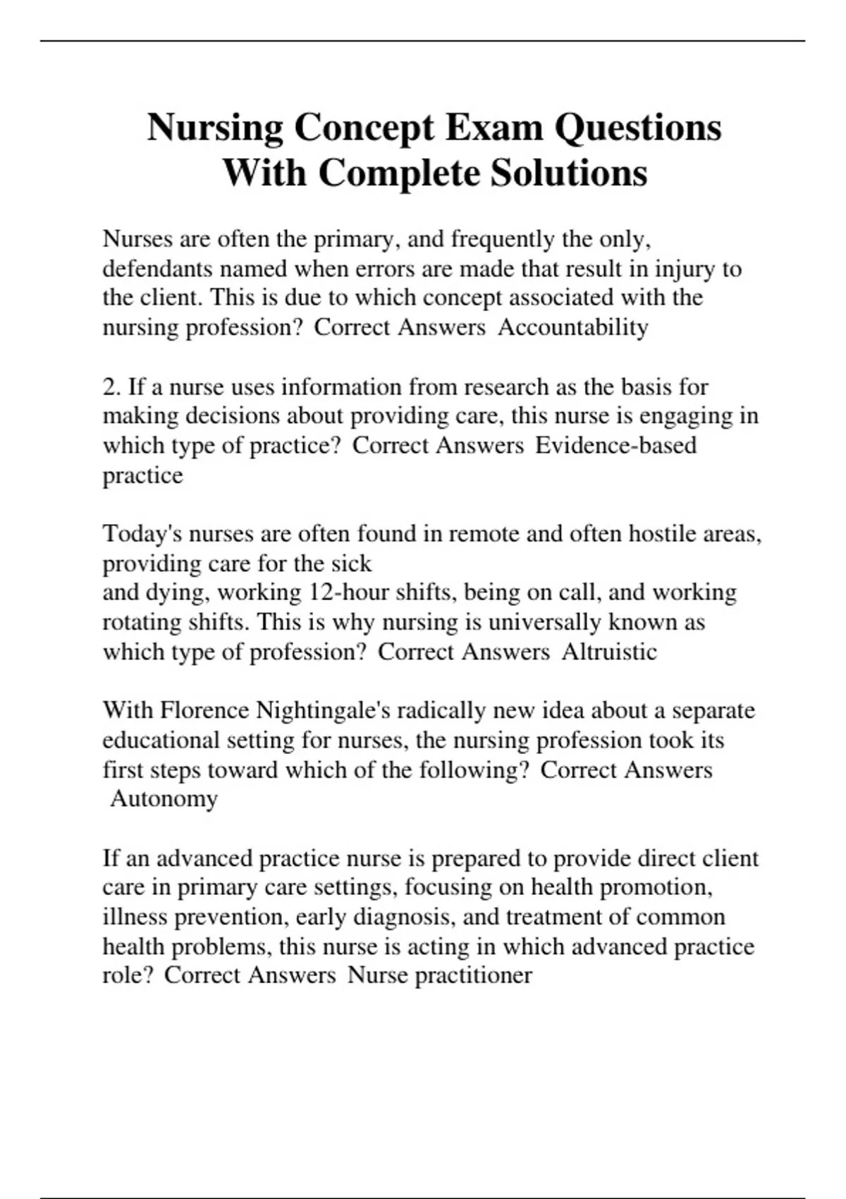 Nursing Concept Exam Questions With Complete Solutions - Professional ...