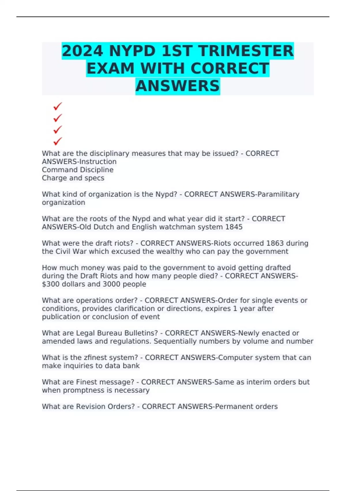 2024 NYPD 1ST TRIMESTER EXAM WITH CORRECT ANSWERS - NYPD 1ST TRIMESTER - Stuvia US