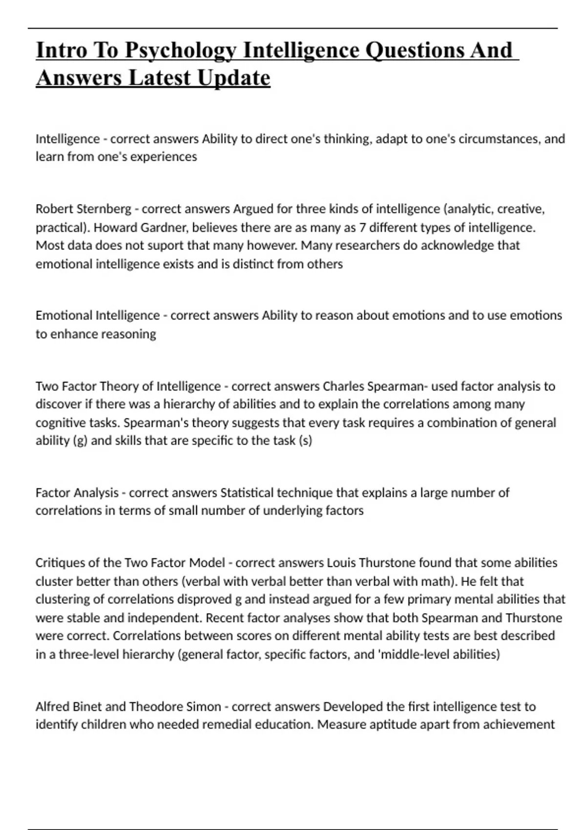 Intro To Psychology Intelligence Questions And Answers Latest Update ...